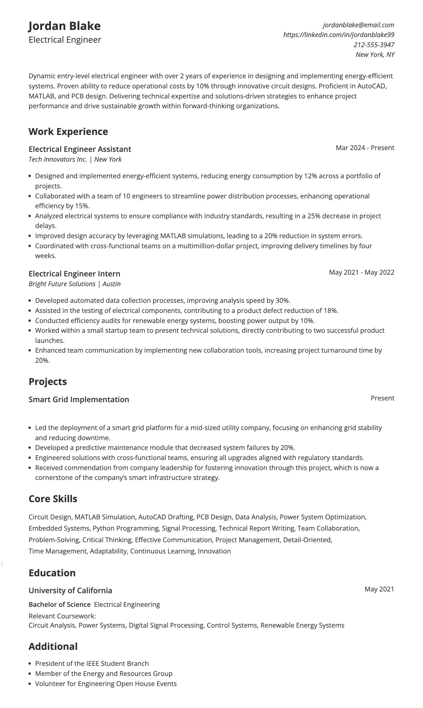 Electrical Engineer Resume Sample Free Templates