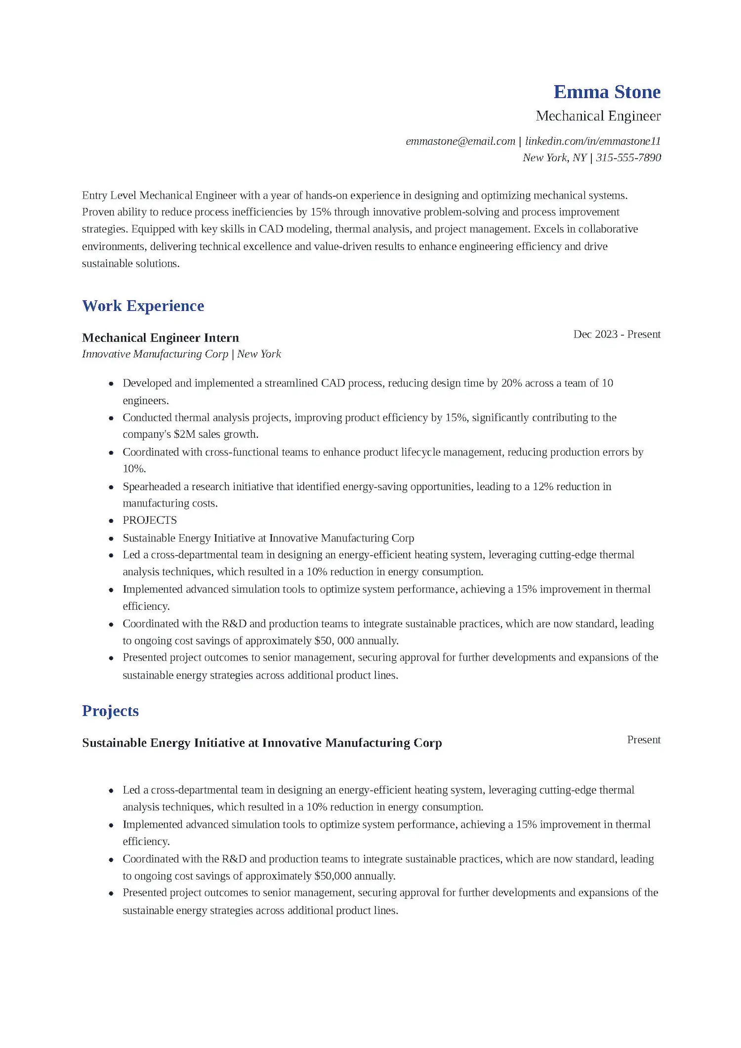 Bs Degree Mechanical Engineering Resume