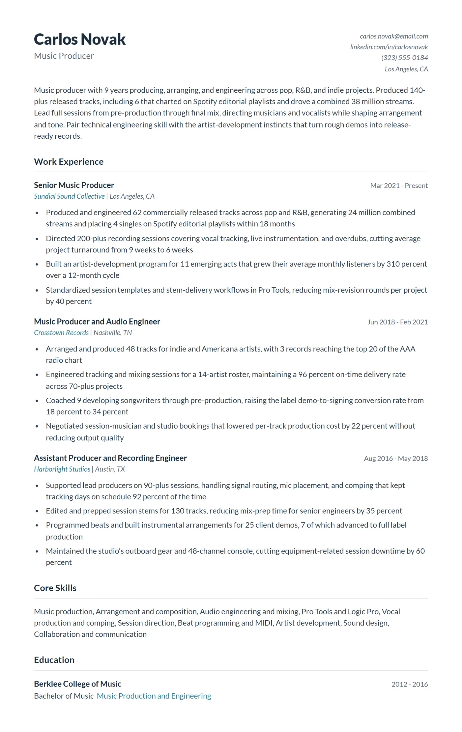 Best Producer Resume Examples for 2026
